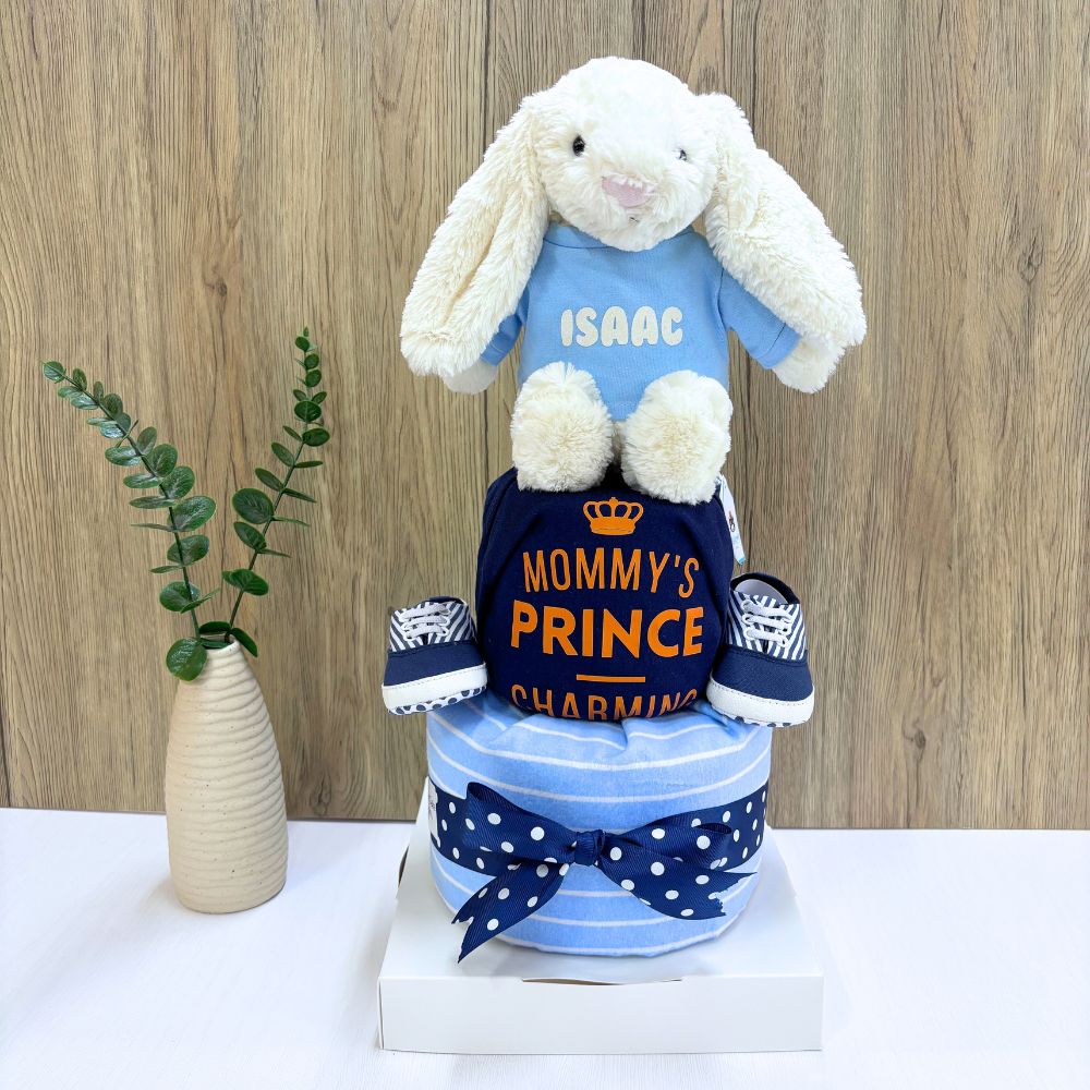 Charming 2 Tie Diaper Cake - Personalized Jellycat Baby Gift Hamper ...