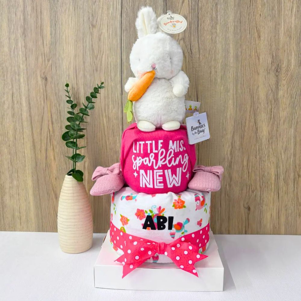 2 Tier Sparkling New Bunny Diaper Cake Baby Gift Hamper – Diaper Cakes ...