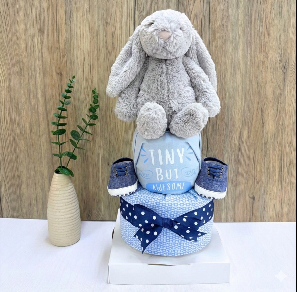 2 Tier Diaper Cake - 100% Authentic Silver Jellycat Bunny Baby Hamper ...